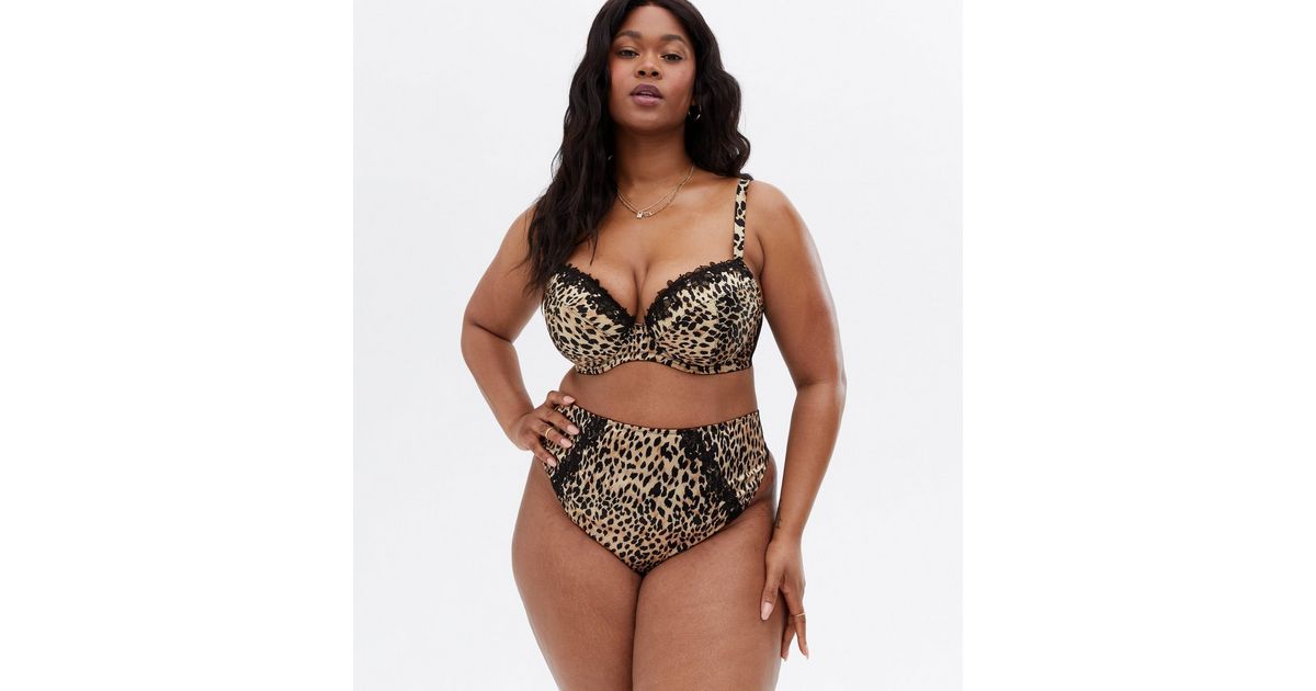 Curves Brown Leopard Print Satin Lace Trim Thong New Look