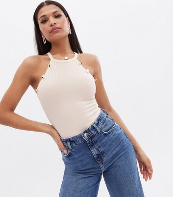 Off White Ribbed Button Halter Bodysuit | New Look