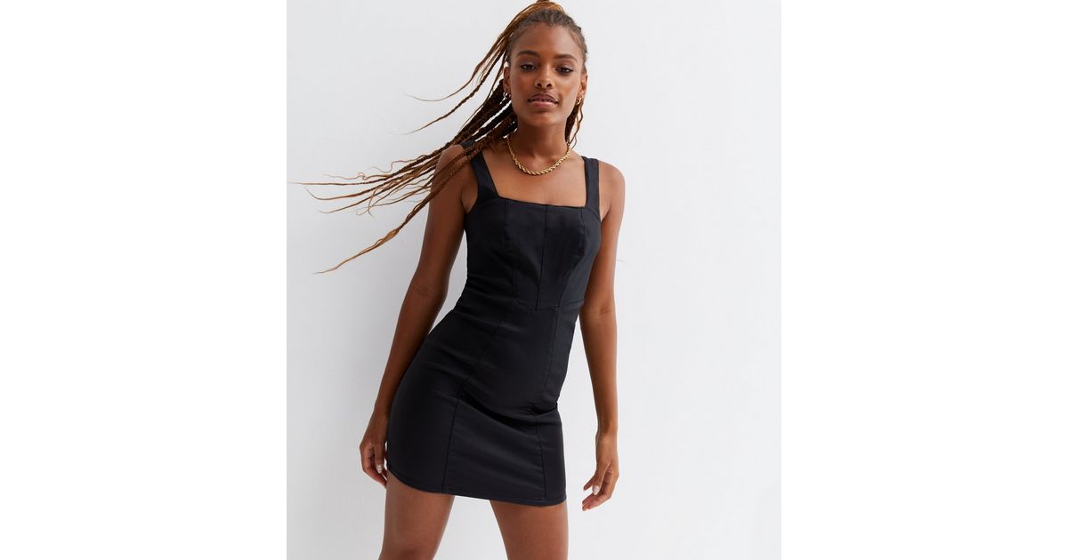 Black Coated Denim Mini Bodycon Corset Dress | New Look
