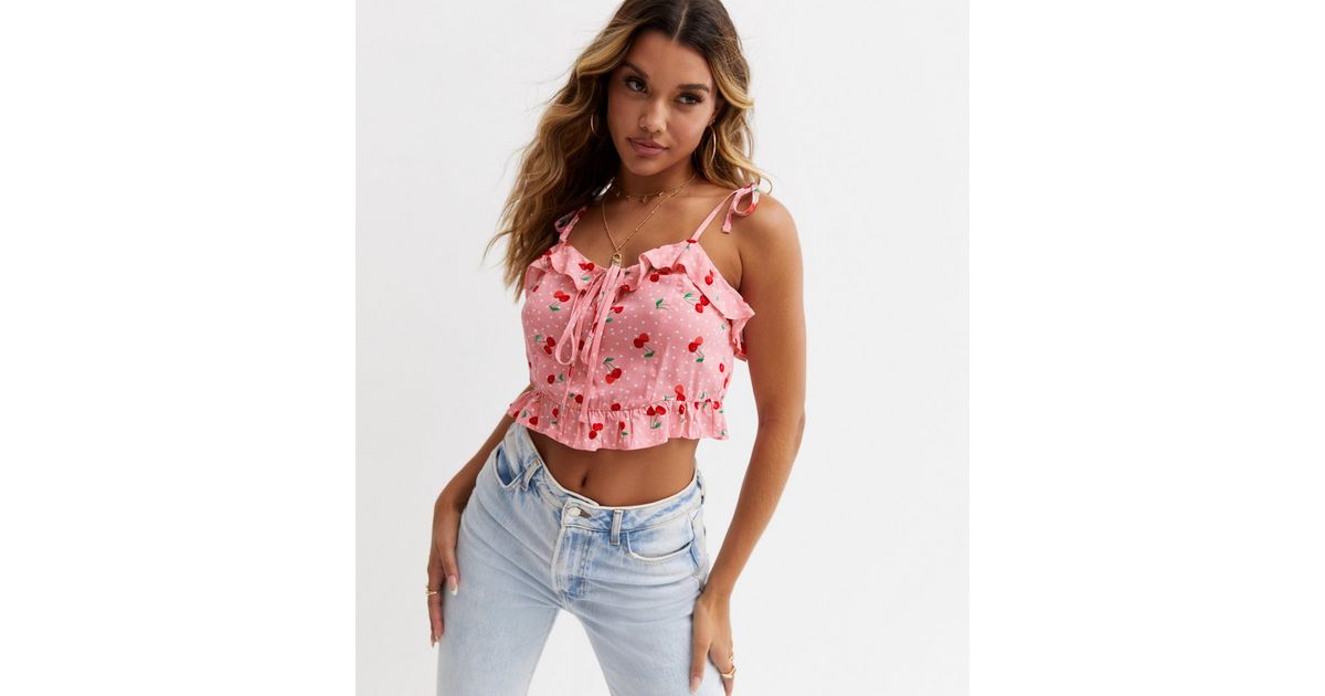 Pink Cherry Spot Frill Tie Strap Crop Cami | New Look