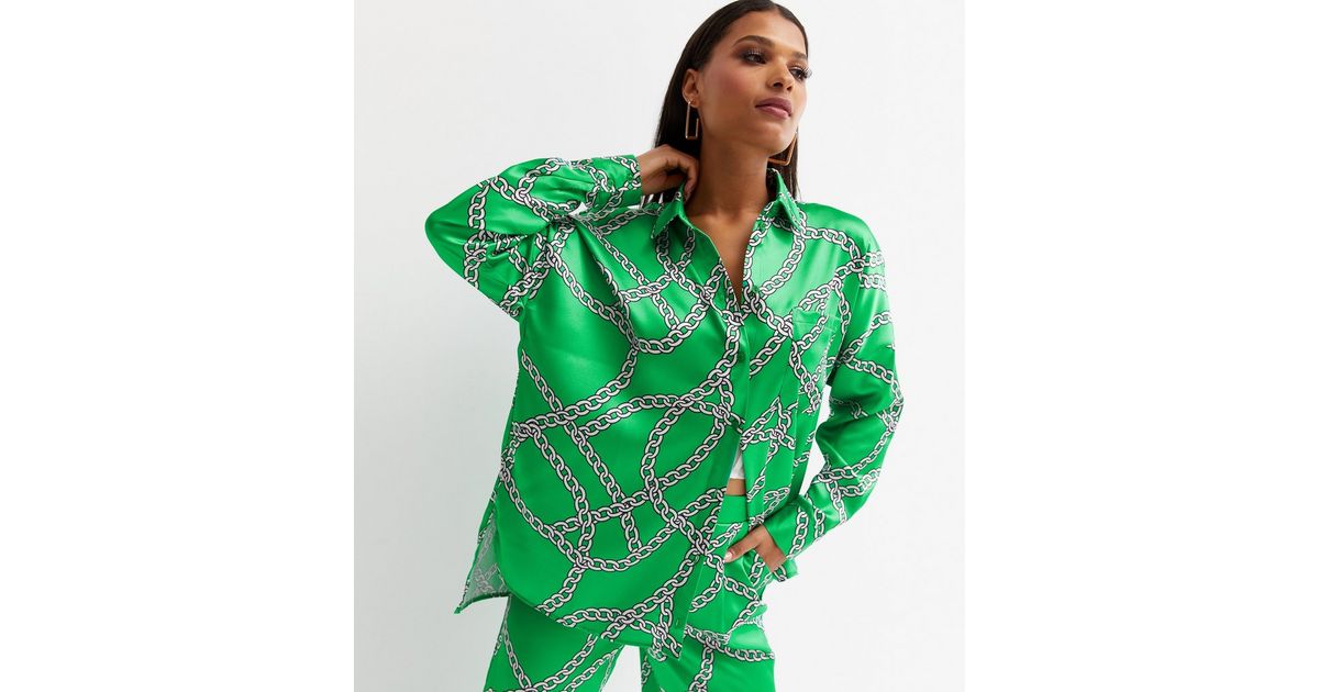 Green Chain Satin Oversized Shirt | New Look