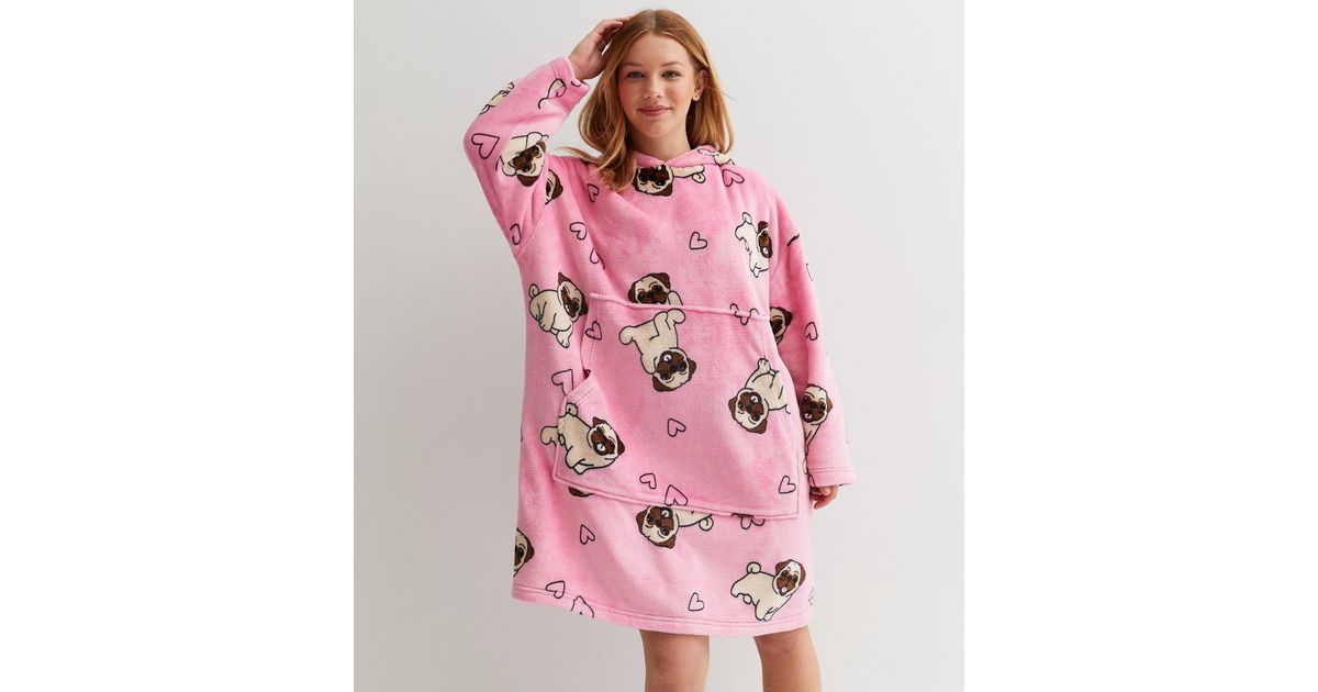 Girls Pink Pug Fleece Oversized Blanket Hoodie | New Look