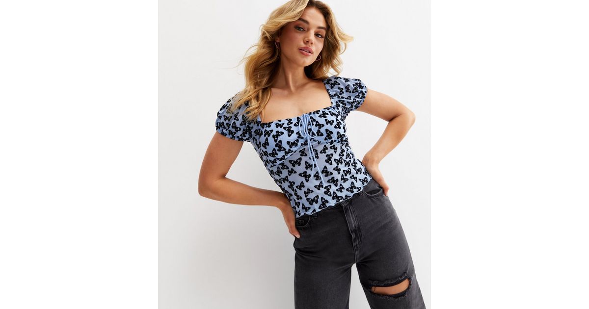 Blue Flocked Butterfly Mesh Tie Front Square Neck Top | New Look