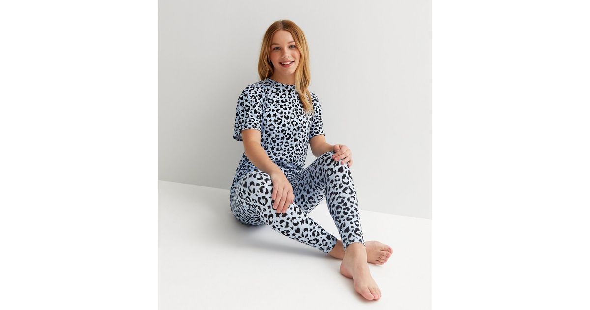 Girls Blue Soft Touch Legging Pyjama Set With Leopard Print New Look