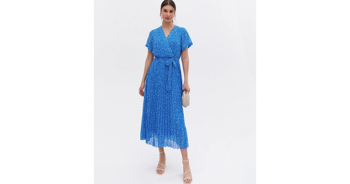 Blue Floral Chiffon Pleated Midi Wrap Dress New Look