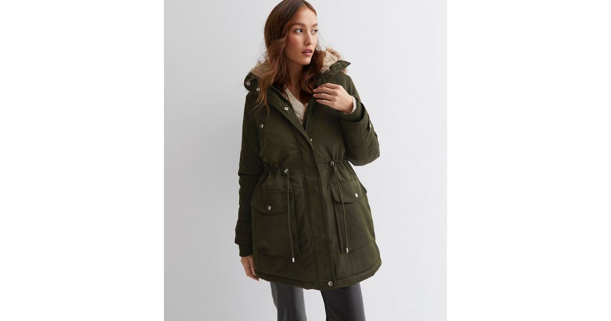 Khaki Faux Fur Trim Hooded Parka Jacket | New Look