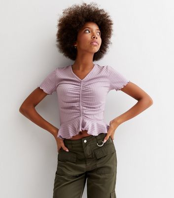 Girls Lilac Ribbed Ruched Peplum Top | New Look