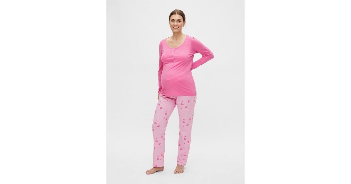 Mamalicious Maternity Pink Long Sleeve Pyjama Set with Heart Print ...