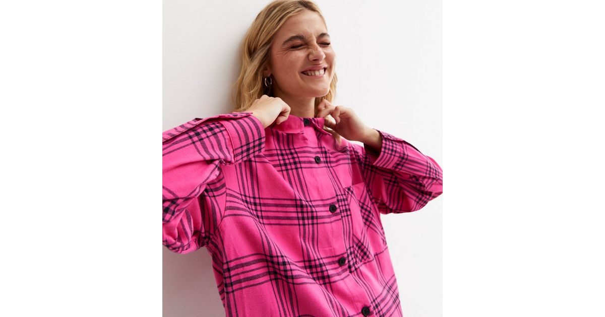 Pink Check Long Sleeve Oversized Shirt | New Look
