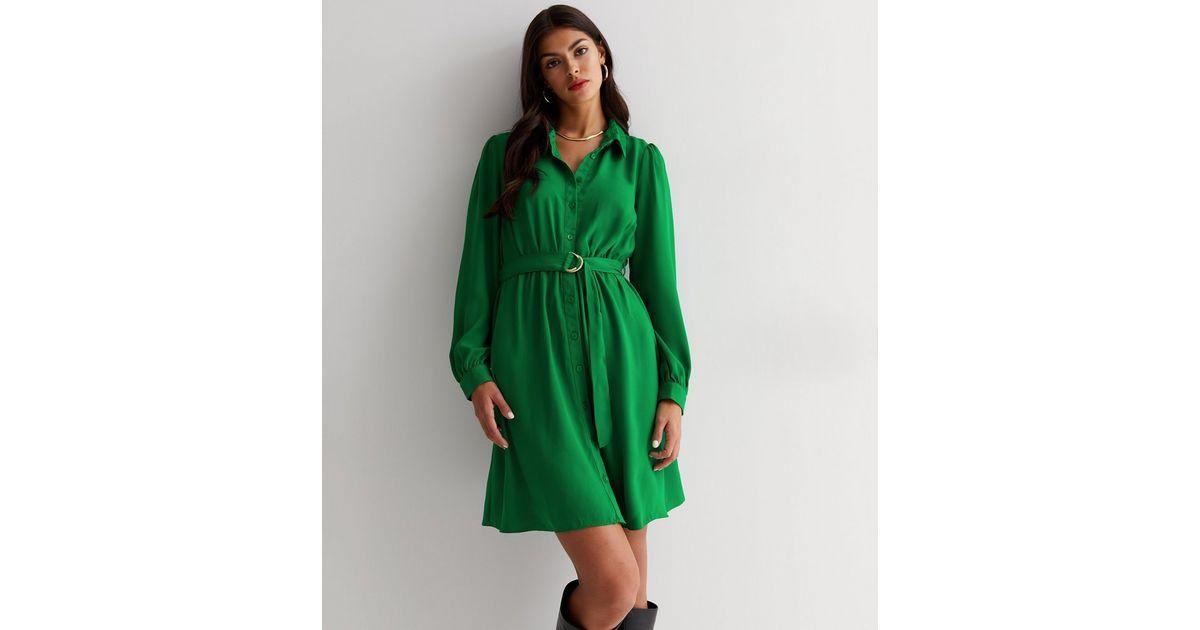 Light Green Belted Long Sleeve Mini Shirt Dress | New Look