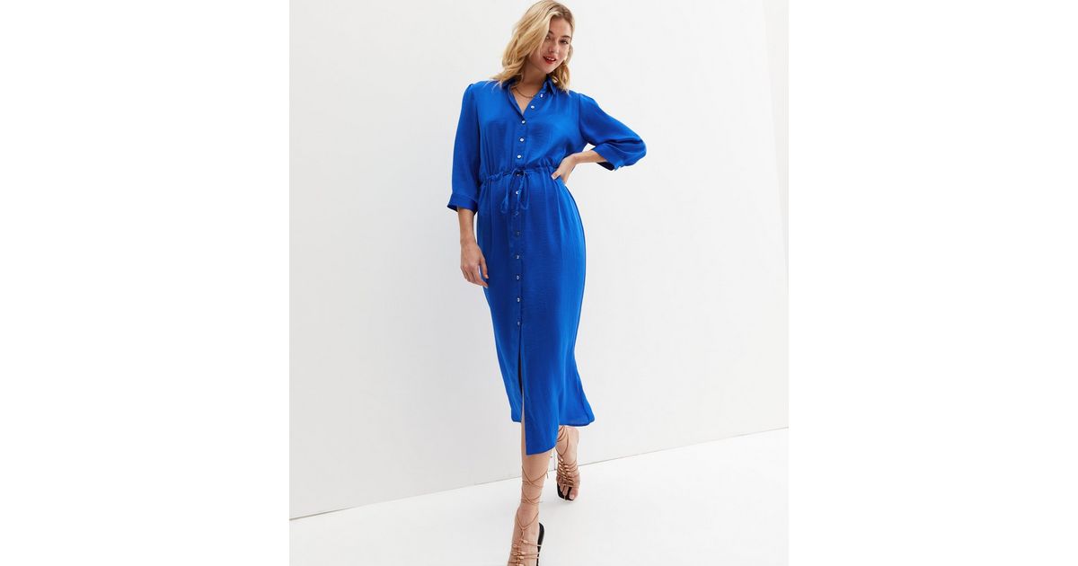 Blue Satin Drawstring Midi Shirt Dress | New Look