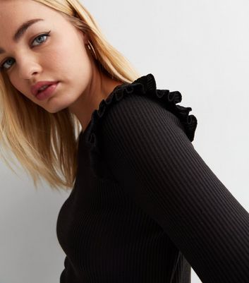 Black Ribbed Knit Frill Long Sleeve Top | New Look
