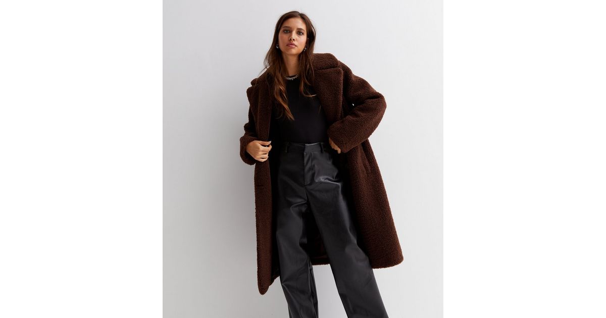 Dark Brown Teddy Long Coat | New Look