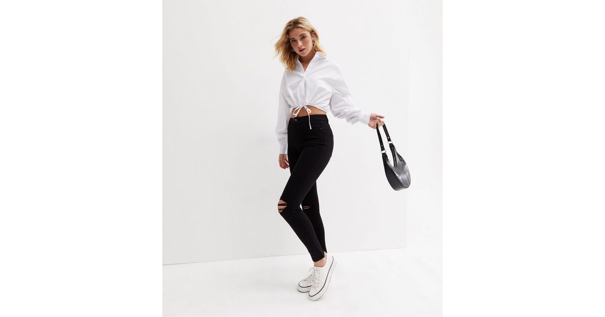 Black Ripped Knee Lift & Shape Jenna Skinny Jeans | New Look