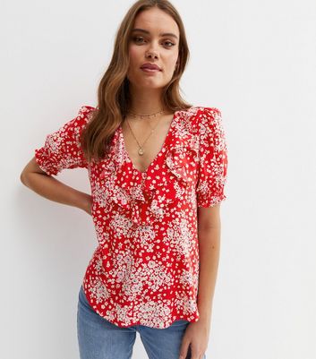 Red Ditsy Floral Ruffle V Neck Blouse | New Look