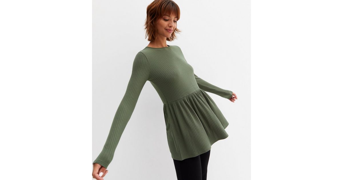 Khaki Ribbed Long Sleeve Peplum Top | New Look