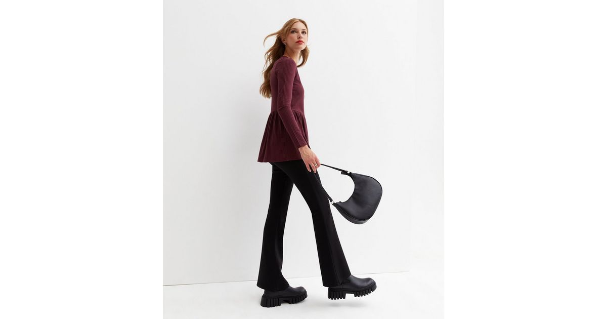 Plum Ribbed Long Sleeve Peplum Top New Look