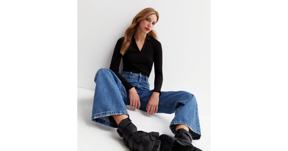 Black Ribbed Long Sleeve Polo Top | New Look