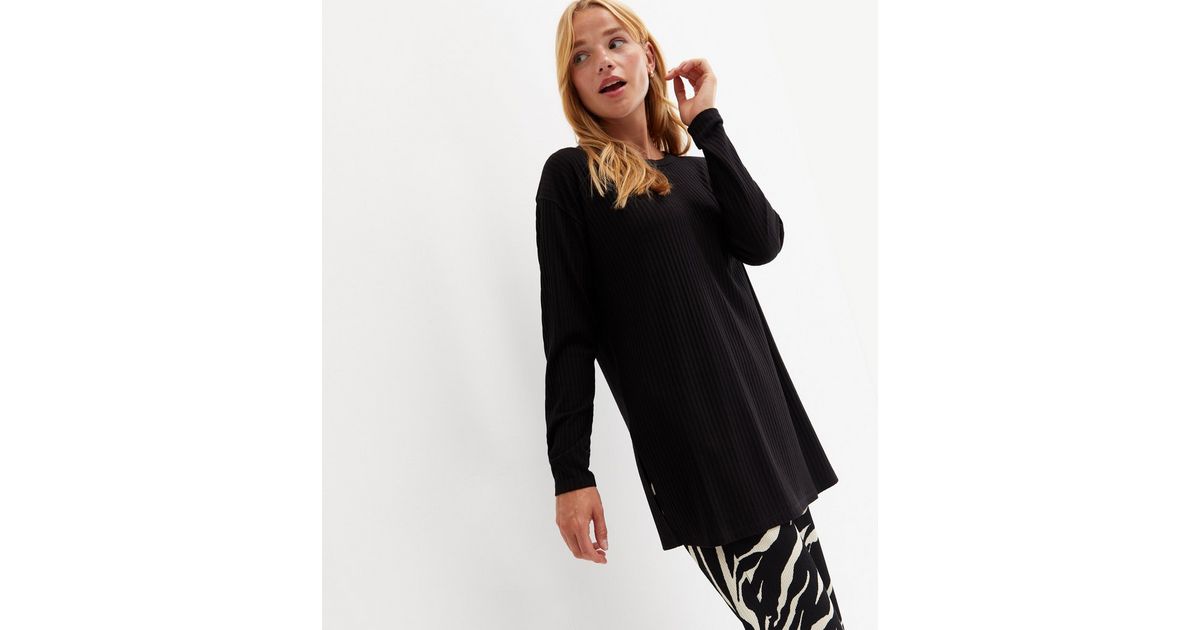 Black Ribbed Long Split Hem Long Sleeve Top | New Look