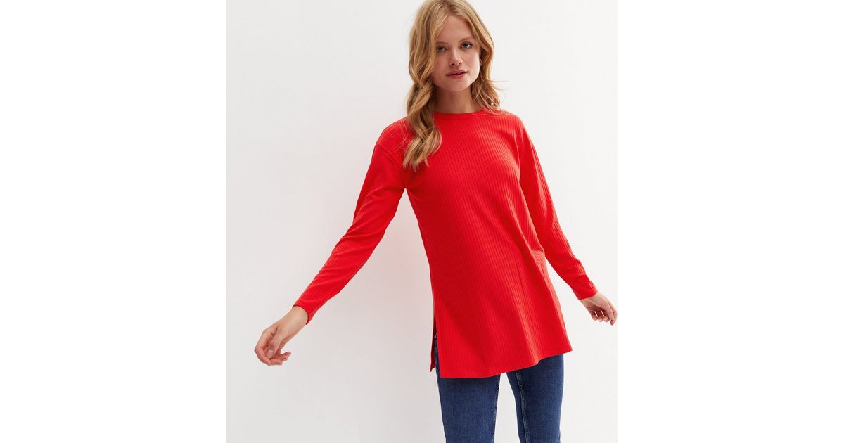 Red Ribbed Long Split Hem Long Sleeve Top | New Look