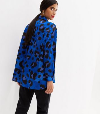 Blue Leopard Print Satin Oversized Shirt | New Look