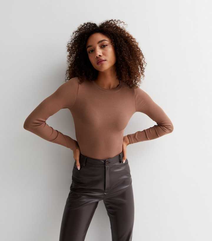 Light Brown Ribbed Crew Neck Long Sleeve Bodysuit | New Look