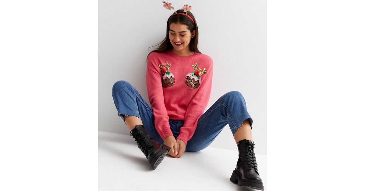 Pink Sequin Embellished Christmas Puddings Jumper | New Look