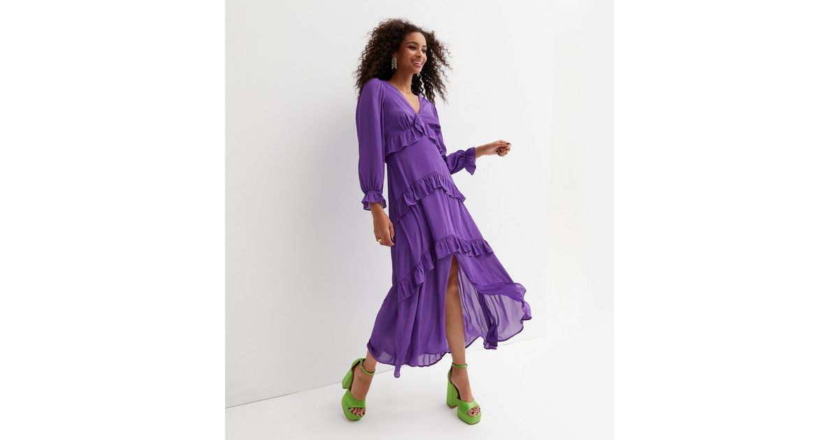 Purple Chiffon Tiered Ruffle Long Sleeve Midi Dress | New Look