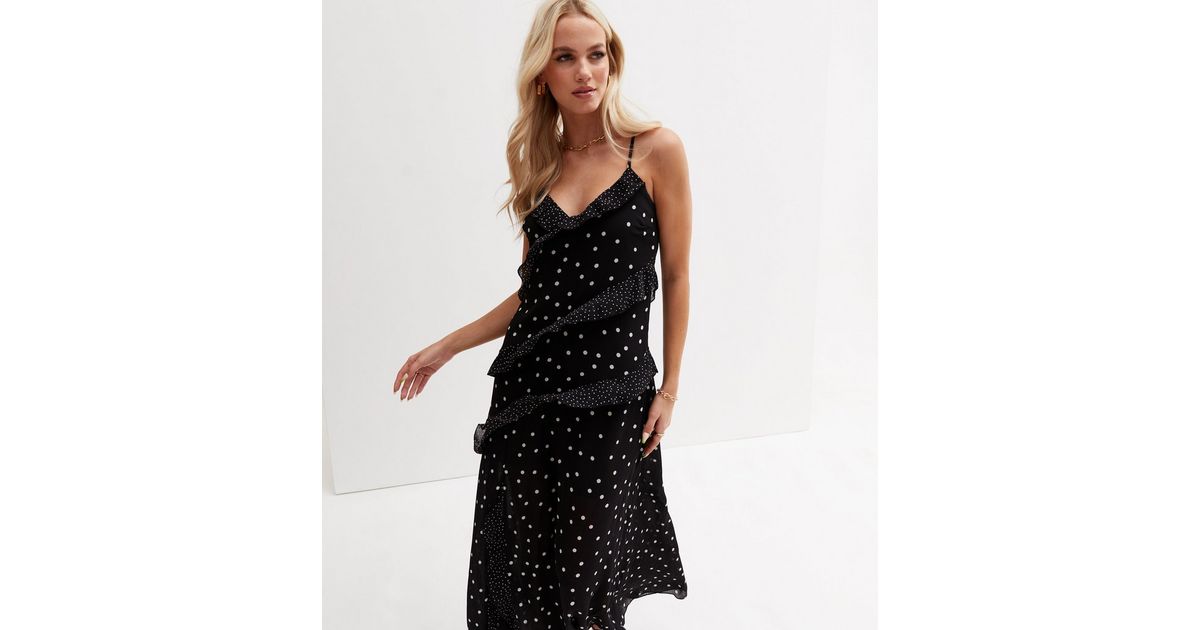 Black Spot Chiffon V Neck Ruffle Maxi Slip Dress | New Look