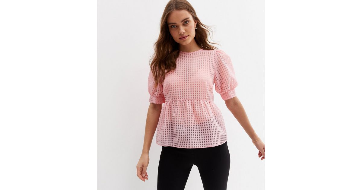 Pink Check Puff Sleeve Peplum Blouse | New Look
