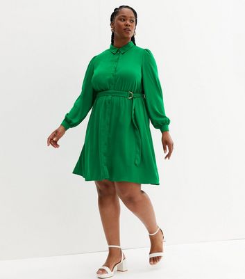 Curves Green Belted Long Sleeve Mini Shirt Dress | New Look