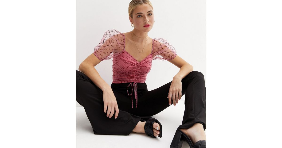 Pink Spot Mesh Ruched Front Crop Top | New Look