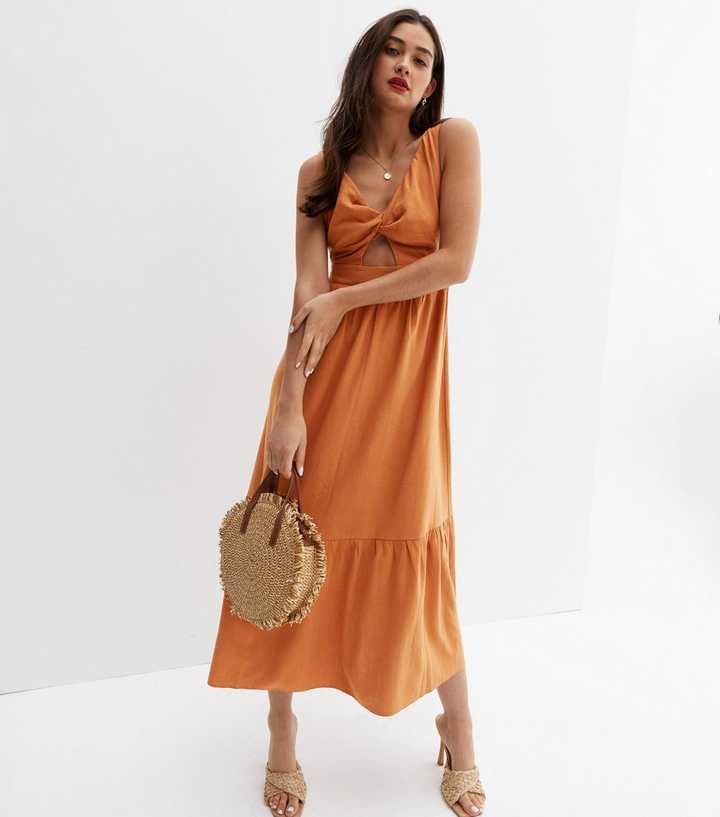 Rust Linen-Look Twist Front Tie Back Midi Dress | New Look