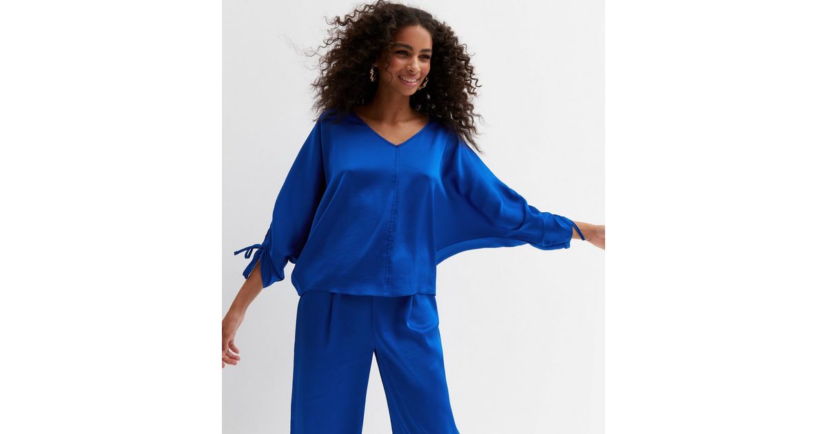 Bright Blue Satin V Neck Ruched Tie Sleeve Top | New Look