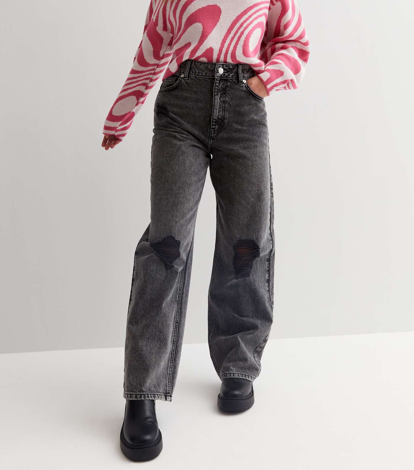 Girls Dark Grey Ripped High Waist Adalae Wide Leg Jeans New Look