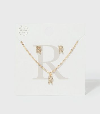Gold R Initial Earrings and Necklace Gift Set | New Look