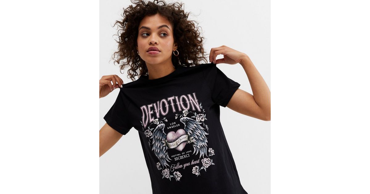 Black Floral Heart Devotion Logo T-Shirt | New Look