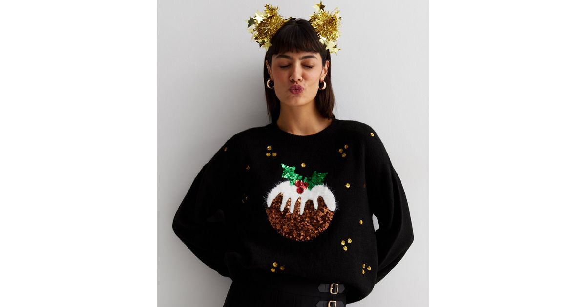 Black Knit Sequin Embellished Christmas Pudding Jumper | New Look