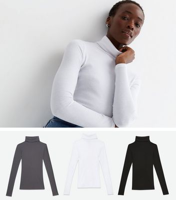 Tall 3 Pack Grey Black and White Ribbed Roll Neck Tops | New Look