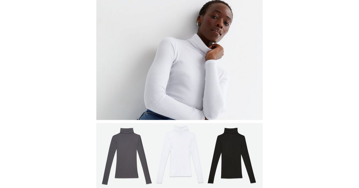 Tall 3 Pack Grey Black and White Ribbed Roll Neck Tops | New Look