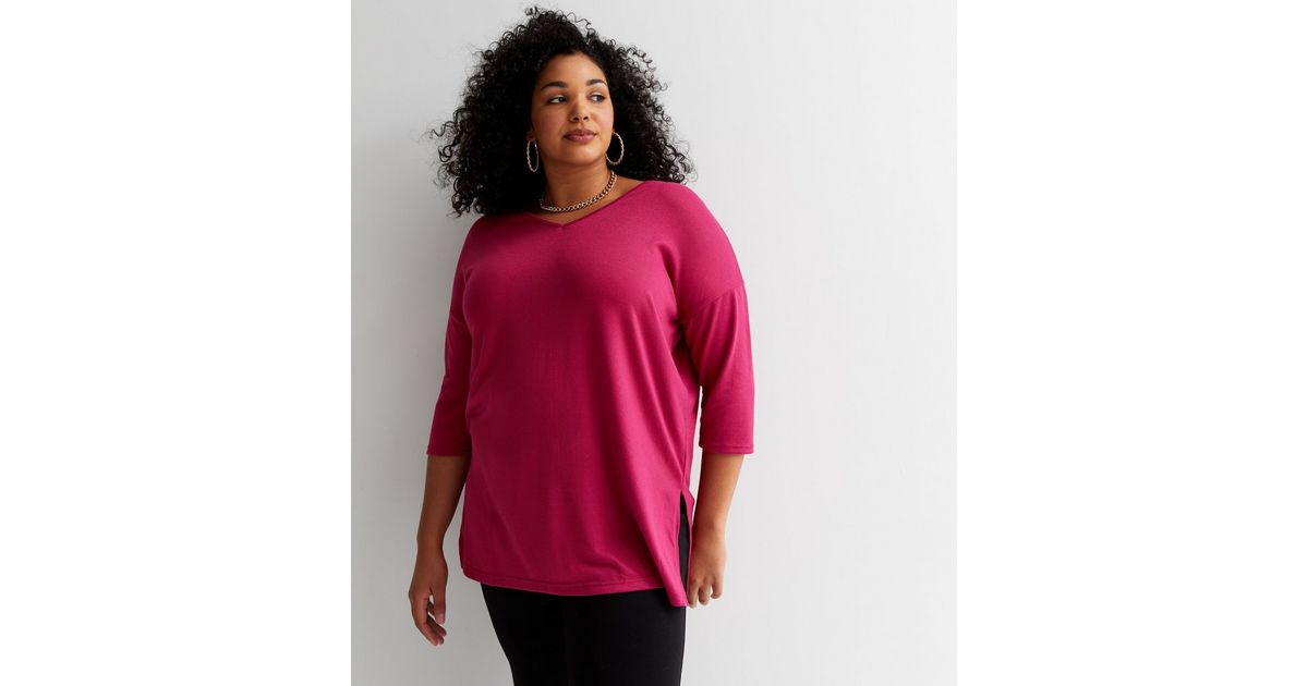 Curves Bright Pink Fine Knit Long V Neck Top | New Look