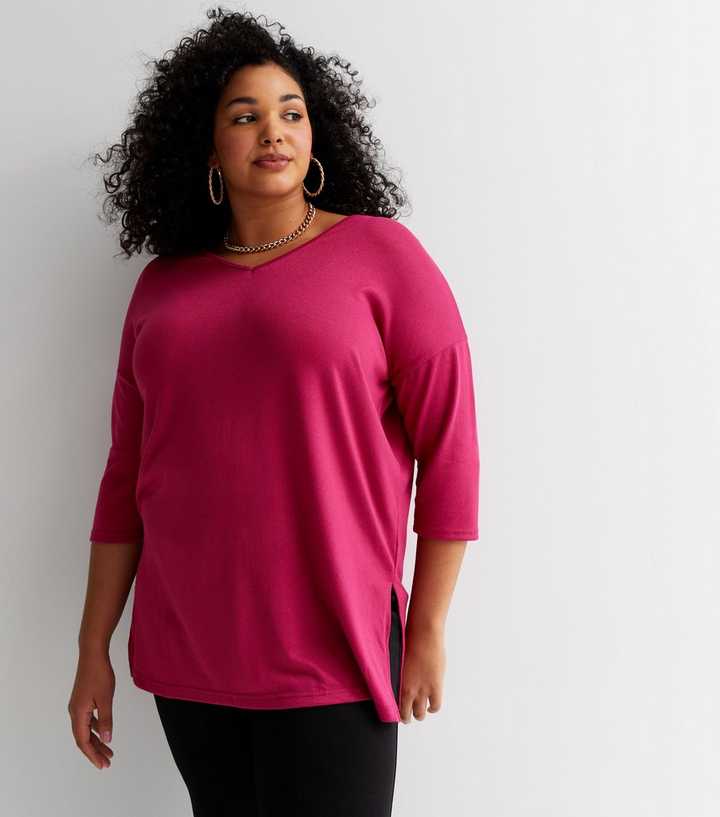 Curves Bright Pink Fine Knit Long V Neck Top | New Look