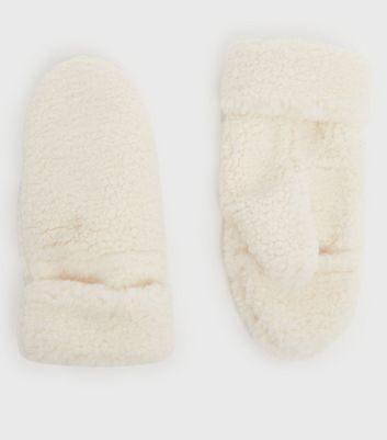 Girls Cream Teddy Mittens | New Look