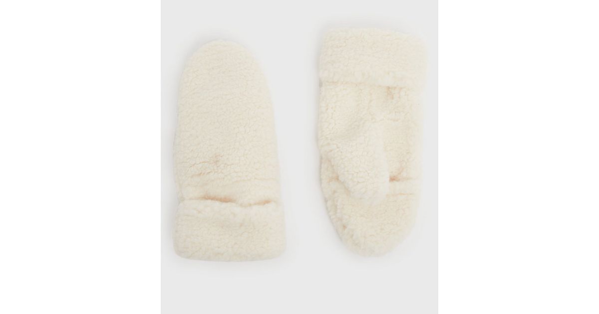 Girls Cream Teddy Mittens | New Look