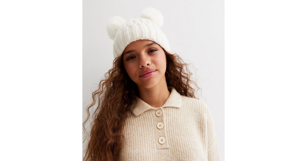 Girls Cream Ribbed Double Faux Fur Pom Pom Bobble Hat | New Look