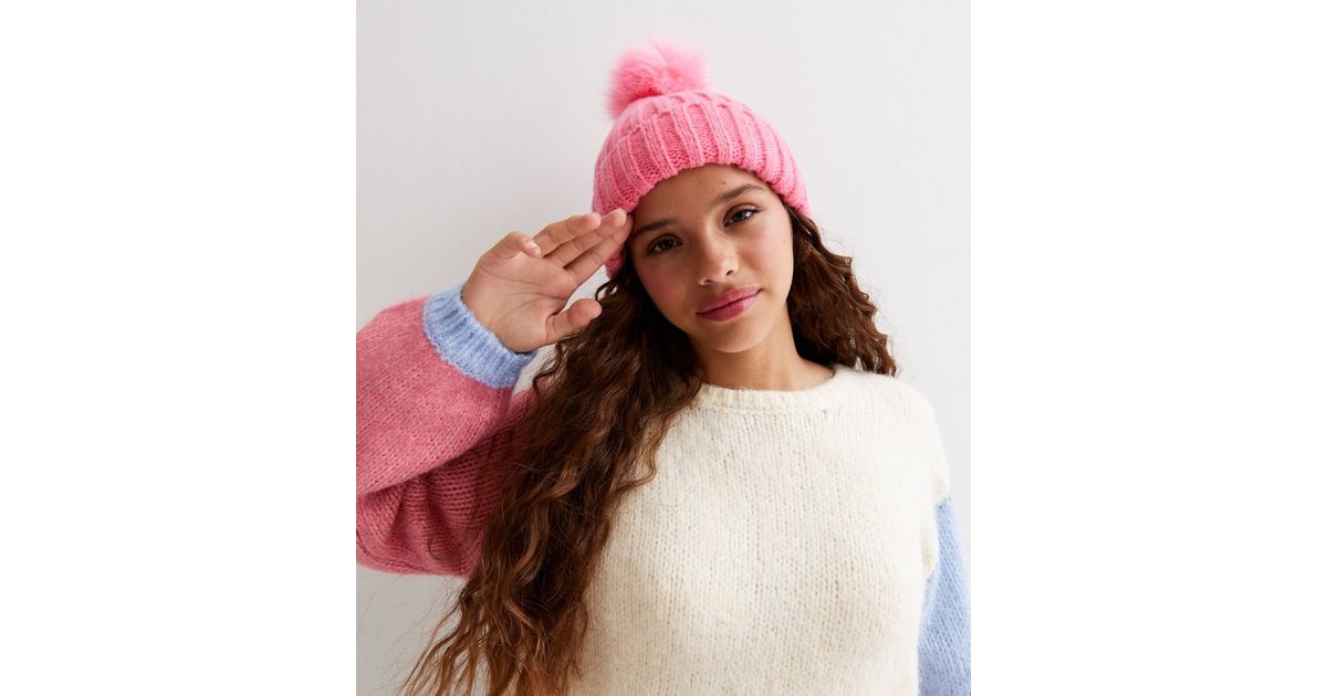 Girls Bright Pink Ribbed Knit Faux Fur Pom Pom Bobble Hat | New Look