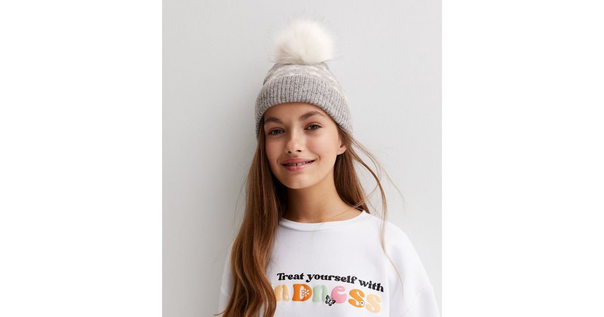 Girls Light Grey Star Bobble Hat | New Look