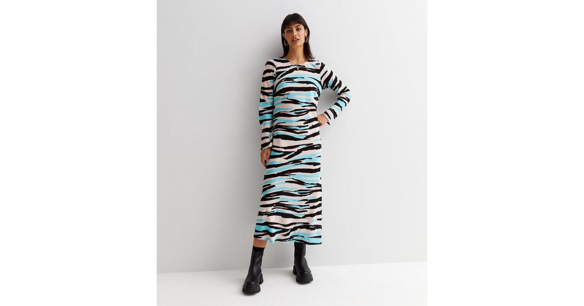 White Zebra Print Long Sleeve Tie Back Midi Dress | New Look