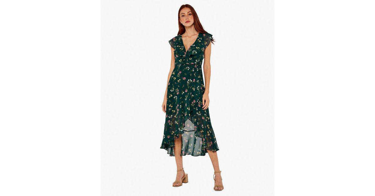 Apricot Green Floral Frill Midi Wrap Dress New Look