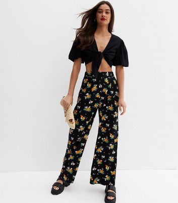 Black Floral High Waist Wide Leg Trousers New Look